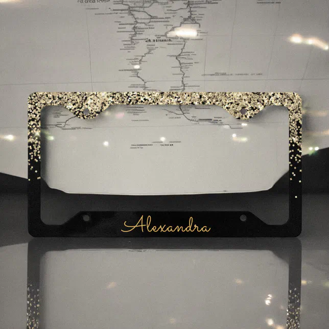 Gold Black Luxury Glitter Sparkle Monogram License Plate Frame | Zazzle
