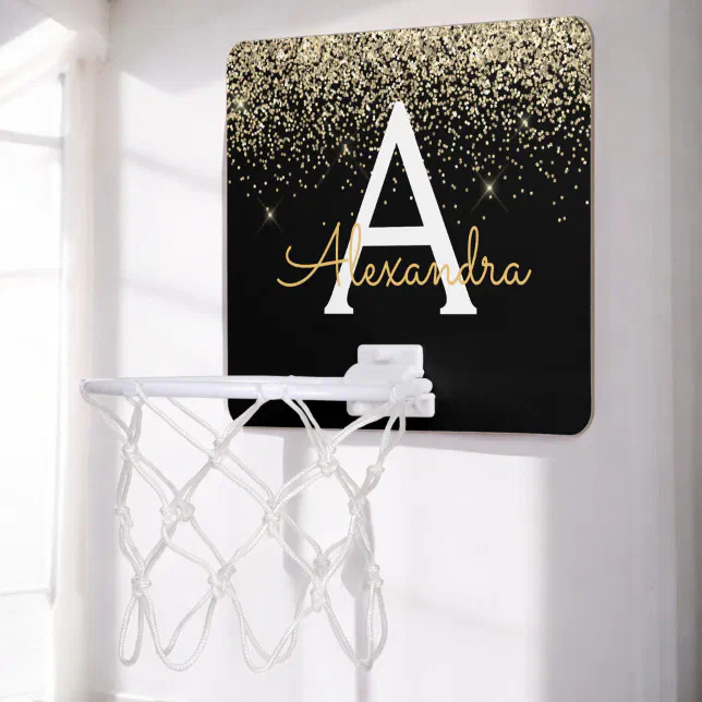Gold Black Luxury Glitter Sparkle Monogram Mini Basketball Hoop | Zazzle