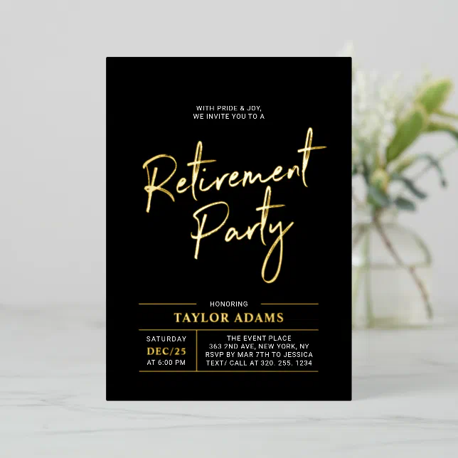 Gold & Black Modern Brush Script Retirement Party Foil Invitation | Zazzle