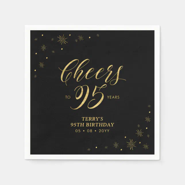 Gold & Black | Modern Cheers 95th Birthday Party Napkins | Zazzle