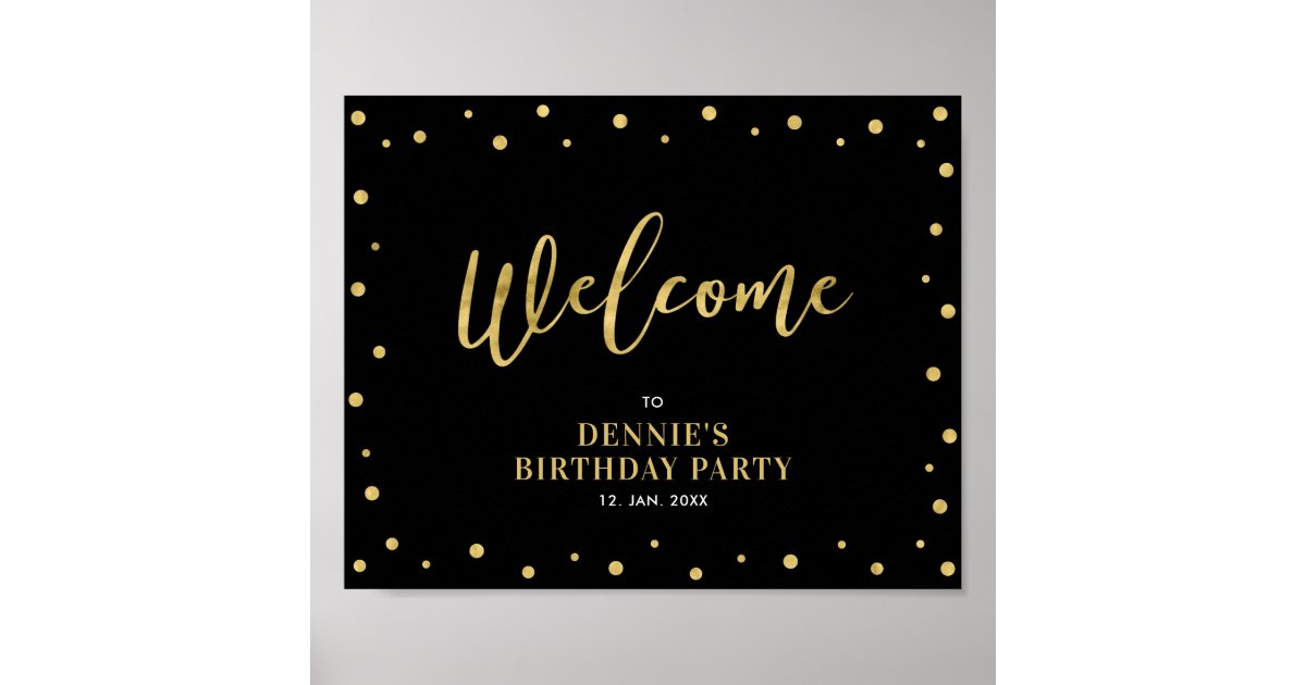 Gold & Black | Modern Confetti Welcome Party Sign | Zazzle