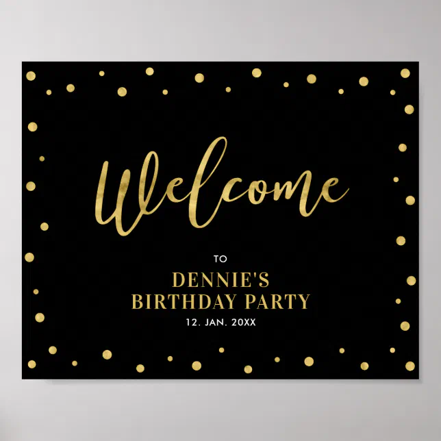 Gold & Black | Modern Confetti Welcome Party Sign | Zazzle