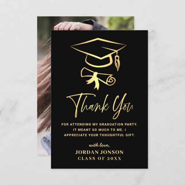 Gold Black Modern Graduation PHOTO Thank You Card | Zazzle