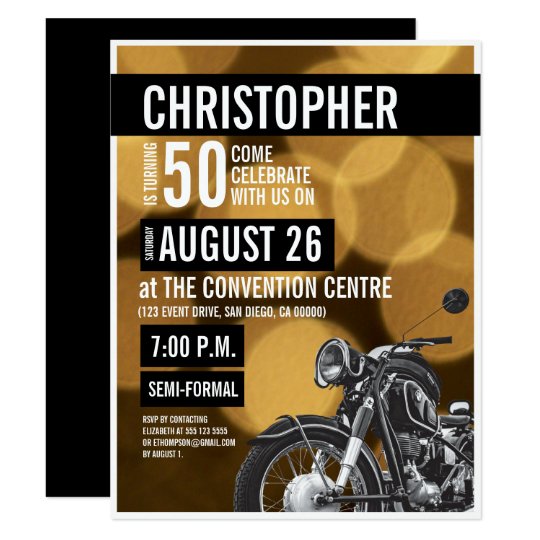 Gold black Modern Motorcycle theme 50th birthday Invitation | Zazzle.com