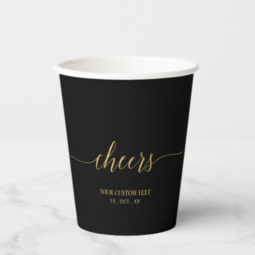 Gold & Black Modern Script Lettering Cheers Party Paper Cups | Zazzle