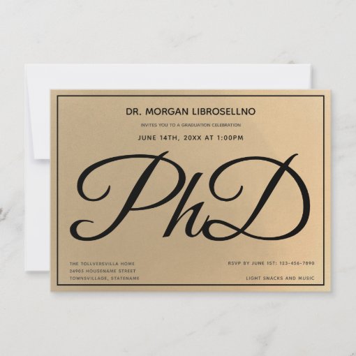 Gold Black PhD Graduation Party Invitation | Zazzle