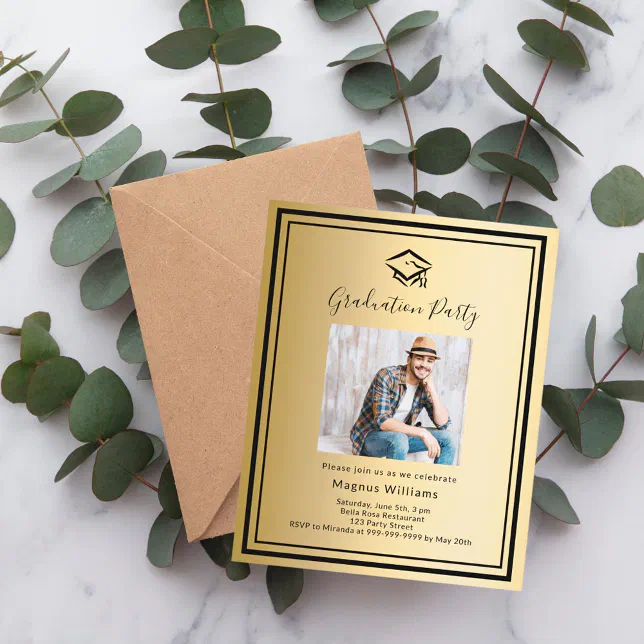 Gold black photo cap Graduation Party invitation | Zazzle