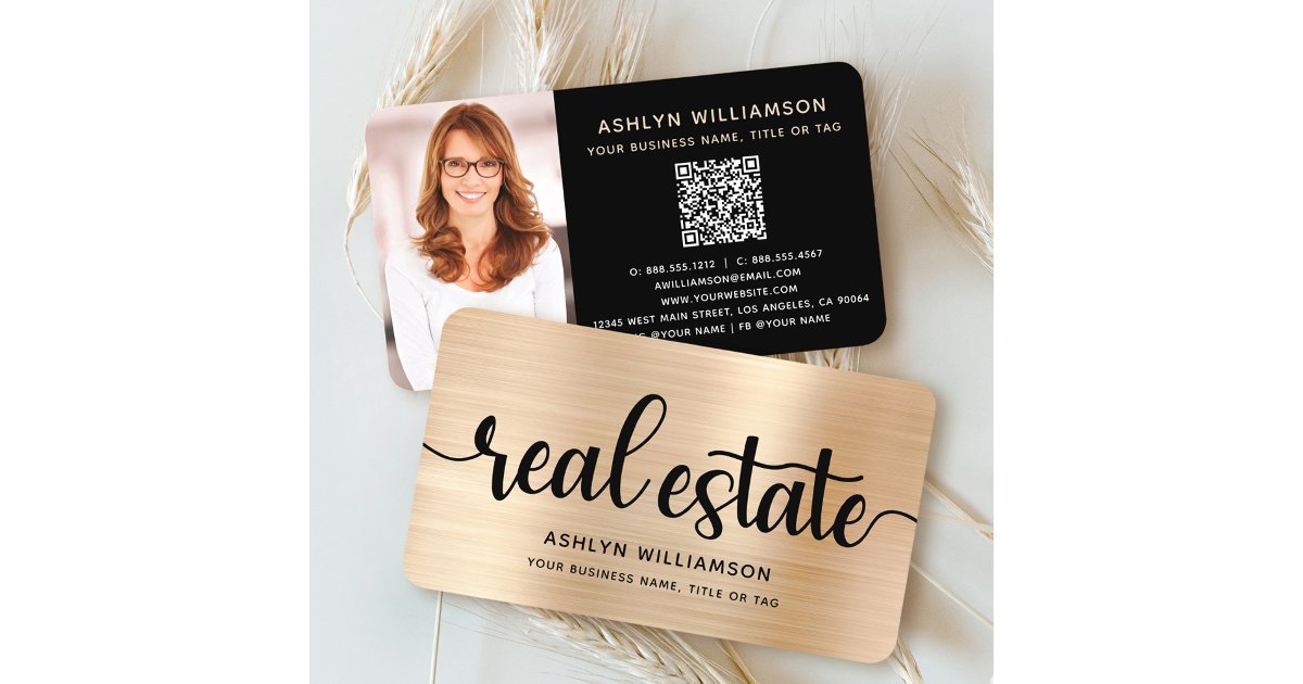 Gold Black Real Estate Agent Photo QR Code Broker Business Card | Zazzle