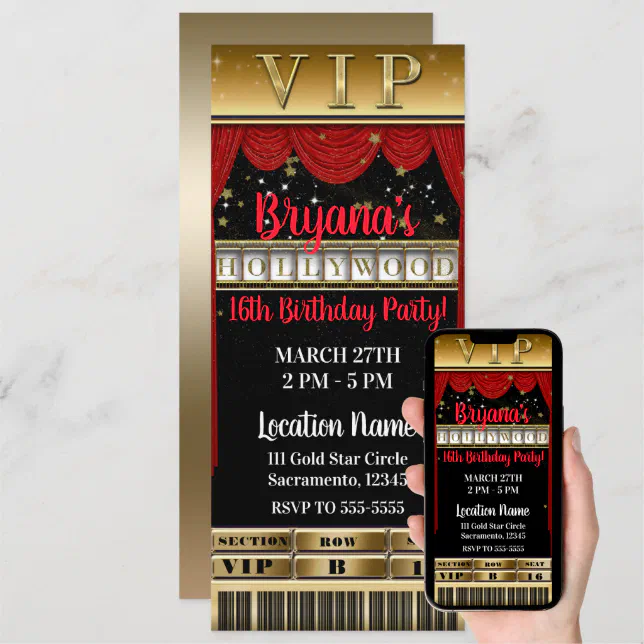 Gold Black Red HOLLYWOOD Birthday Party VIP Ticket Invitation | Zazzle