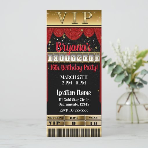 Gold Black Red HOLLYWOOD Birthday Party VIP Ticket Invitation | Zazzle