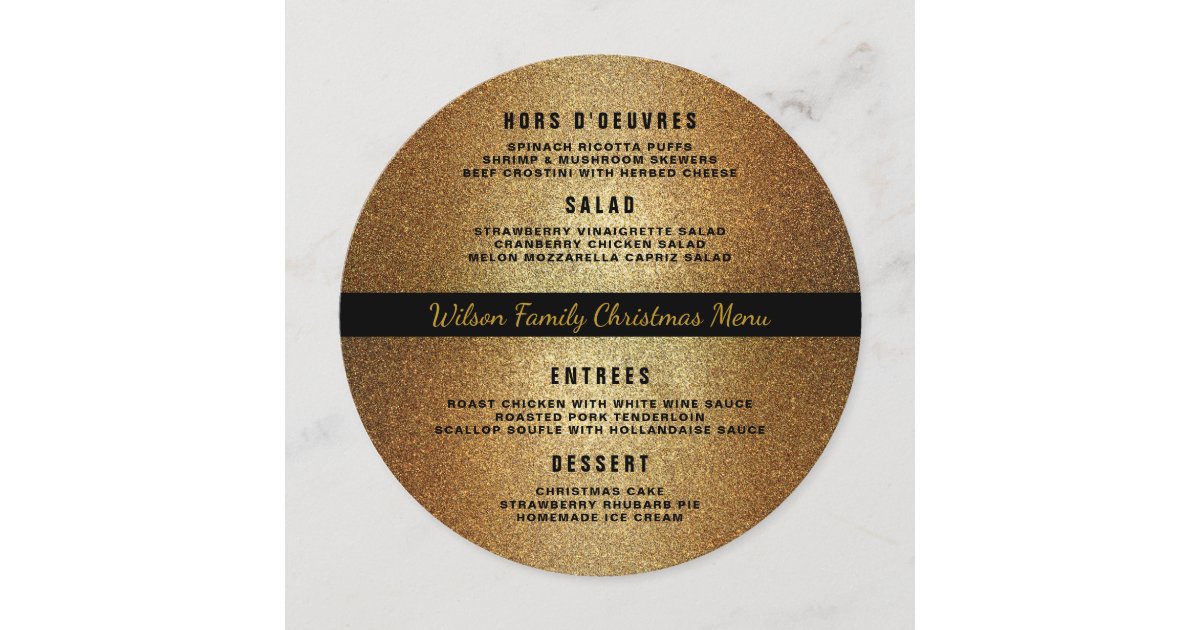 Gold Black Round Christmas Dinner Menu Template | Zazzle