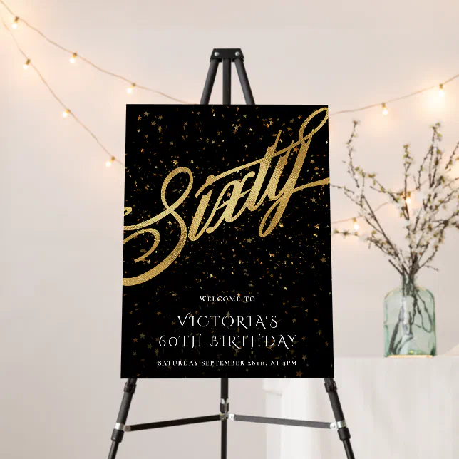 Gold Black Sixty 60th Calligraphy Confetti Welcome Foam Board | Zazzle