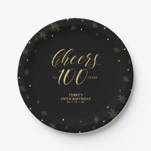 Gold & Black Sparkle Cheers 100th Birthday Party Paper Plates | Zazzle
