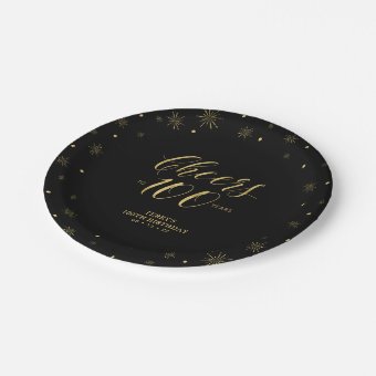 Gold & Black Sparkle Cheers 100th Birthday Party Paper Plates | Zazzle