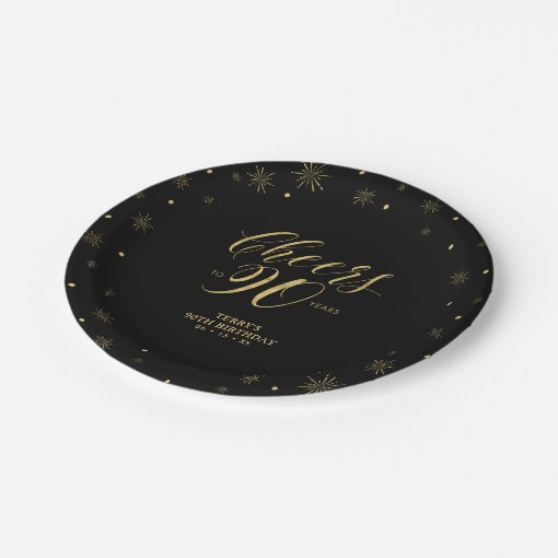 Gold & Black Sparkle Cheers 90th Birthday Party Paper Plates | Zazzle