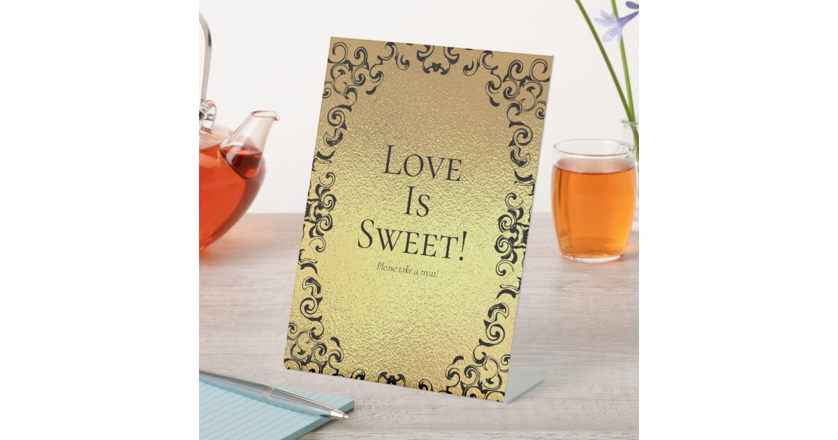 Gold & Black Swirl Gothic Wedding Sweets Table Pedestal Sign | Zazzle