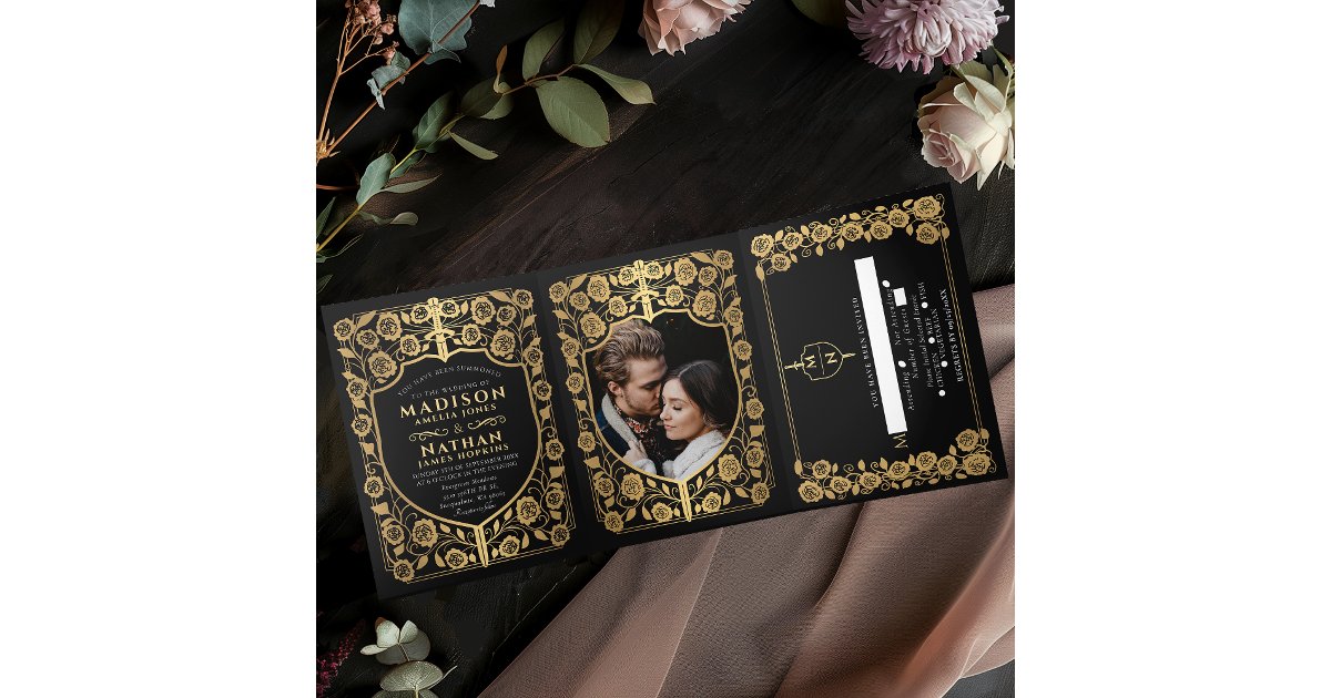 Gold Black Sword Shield Medieval Fantasy Wedding Tri-Fold Invitation ...
