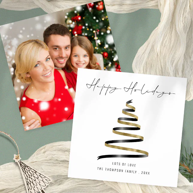 Gold Black Tree Photo Christmas Happy holidays Note Card | Zazzle