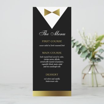 Gold & Black Tuxedo Menu Card, Modern, Formal | Zazzle