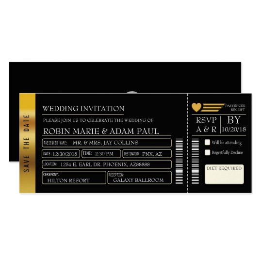 Gold & Black Wedding Ticket Invitation | Zazzle.com