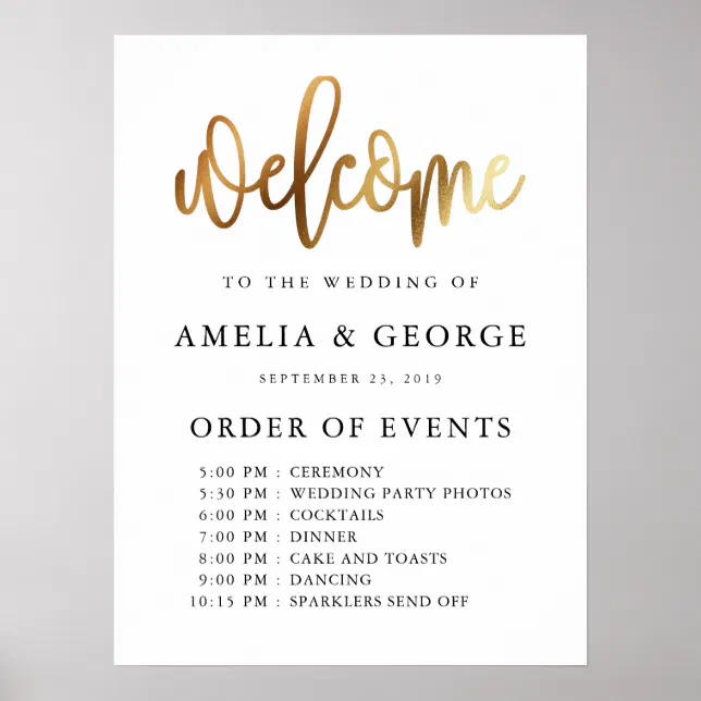 Gold black welcome order of events wedding sign | Zazzle