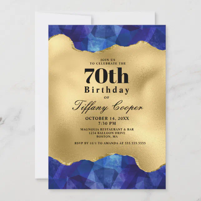 Gold Blue 70th Birthday Party Invitation | Zazzle