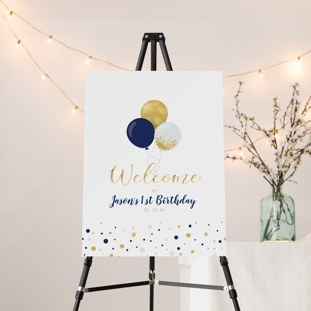 Gold & Blue Balloons | Boy 1st Birthday Welcome Foam Board | Zazzle