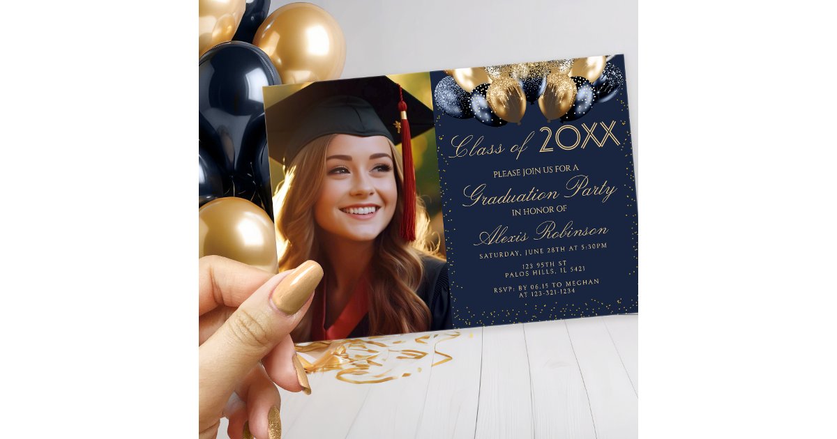 Gold blue balloons collage graduation party photo invitation | Zazzle
