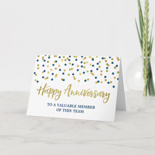 Gold Blue Confetti Employee Anniversary Card | Zazzle