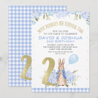 Gold Blue Floral Peter Rabbit 2nd Birthday Invitation | Zazzle