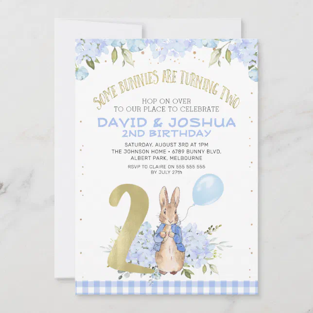 Gold Blue Floral Peter Rabbit 2nd Birthday Invitation | Zazzle