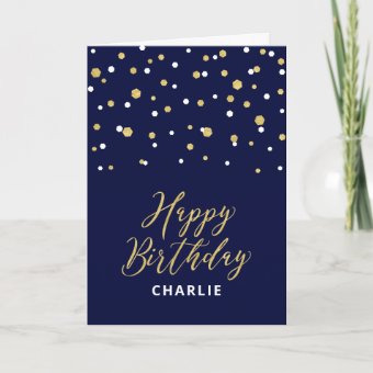 Gold & Blue Happy Birthday Custom Name Greeting Card | Zazzle