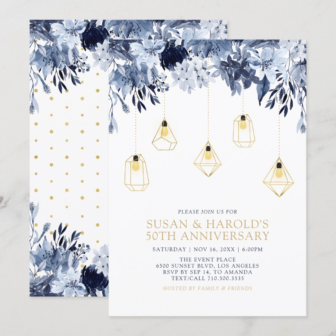 Gold & Blue | Lights, Floral Wedding Anniversary Invitation | Zazzle