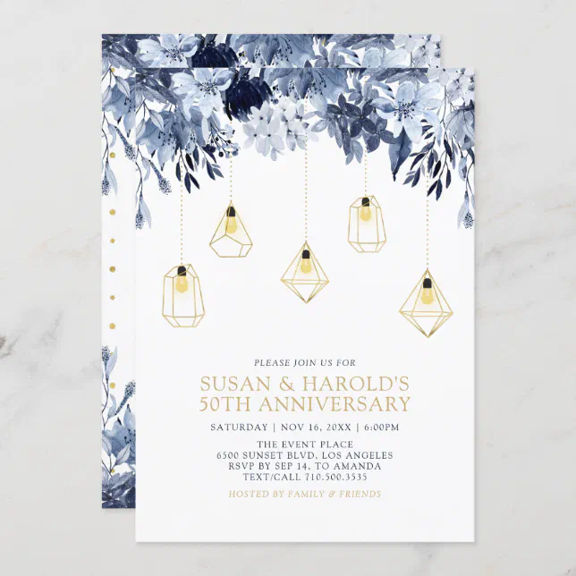 Gold & Blue | Lights, Floral Wedding Anniversary Invitation | Zazzle