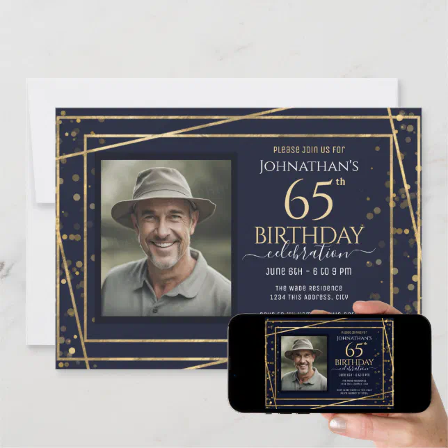 Gold Blue Photo 65th Birthday Party Invitation | Zazzle