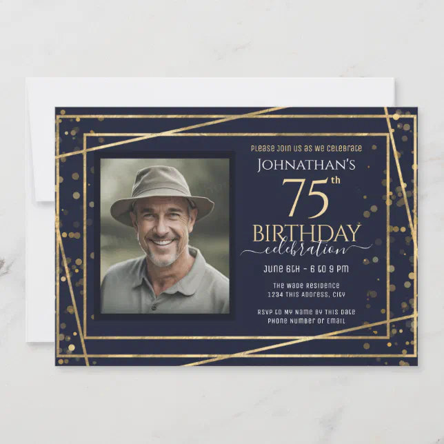 Gold Blue Photo 75th Birthday Party Invitation | Zazzle
