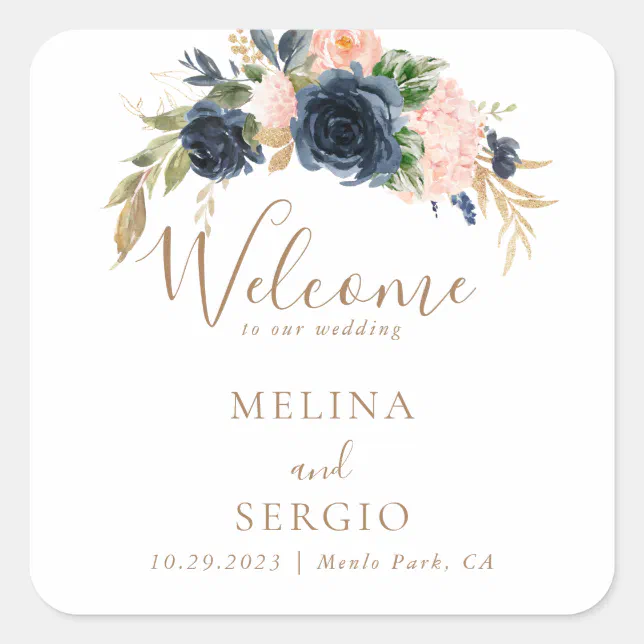 Gold Blue Pink Flowers Wedding Welcome Square Sticker | Zazzle