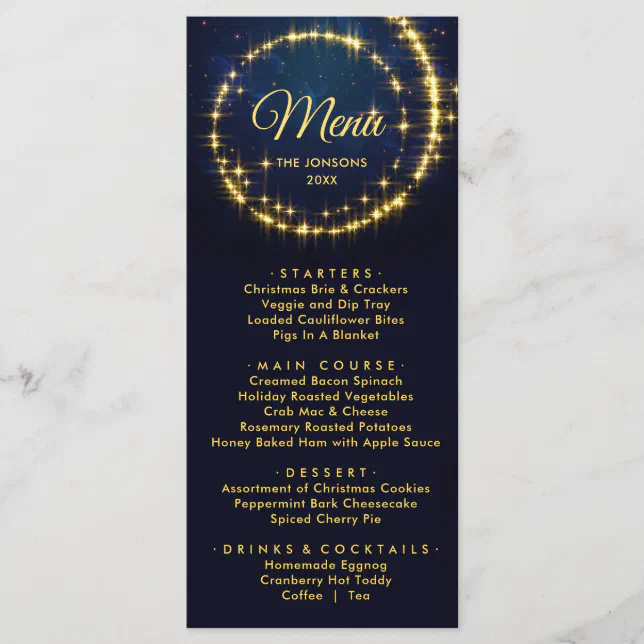 Gold Blue Sparkle Christmas Holiday Dinner Menu | Zazzle