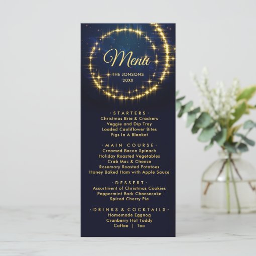 Gold Blue Sparkle Christmas Holiday Dinner Menu | Zazzle
