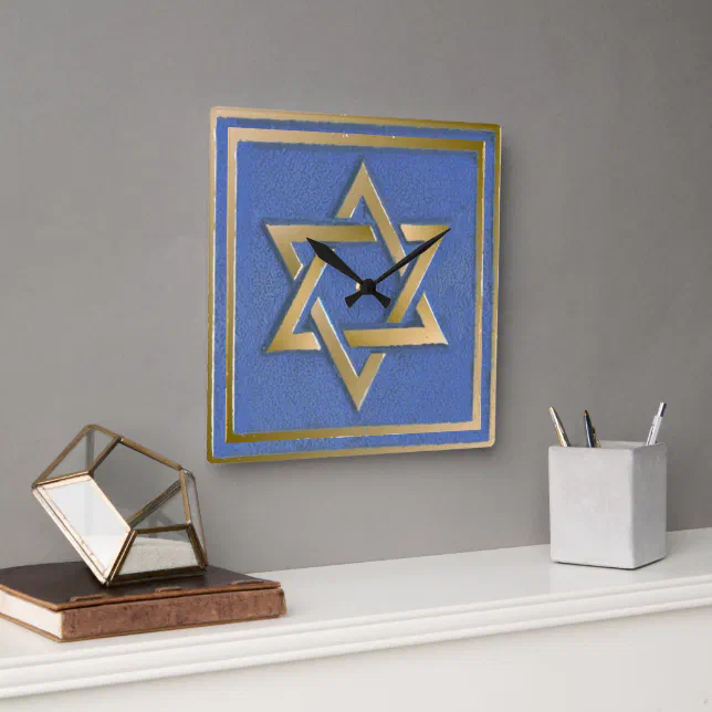 Gold Blue Star of David Art Panel Square Wall Clock | Zazzle