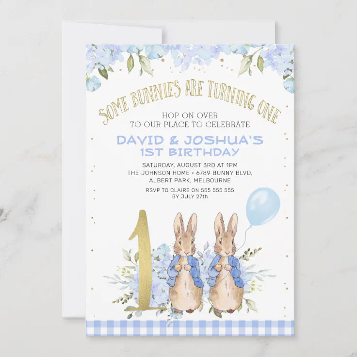 Gold Blue Twins Floral Peter Rabbit 1st Birthday Invitation | Zazzle