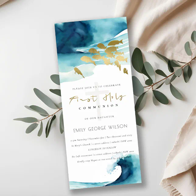 Gold Blue Underwater Sea Fish First Holy Communion Invitation | Zazzle