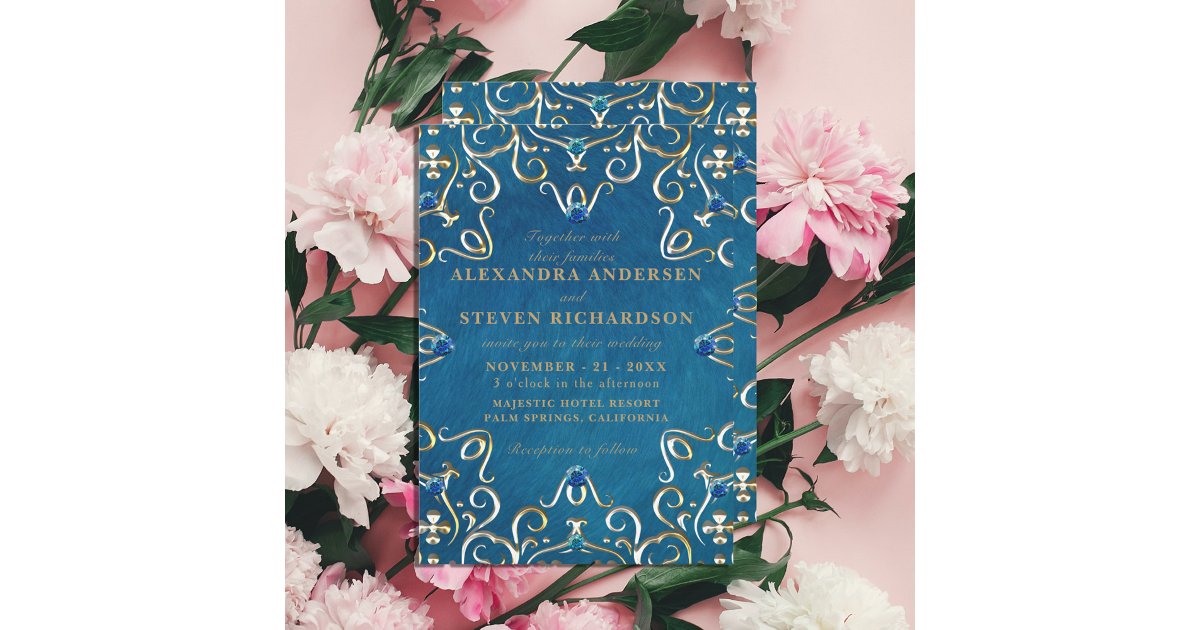 Gold Blue Velvet Classy Luxury Wedding Invitation | Zazzle