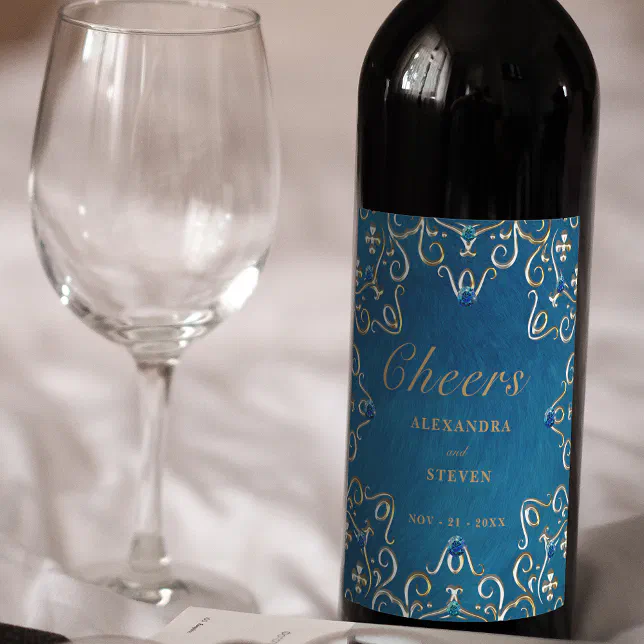 Gold Blue Velvet Classy Luxury Wedding Wine Label | Zazzle