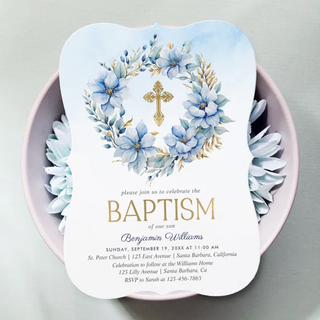 Gold & Blue Watercolor Floral Photo Boy Baptism Invitation | Zazzle