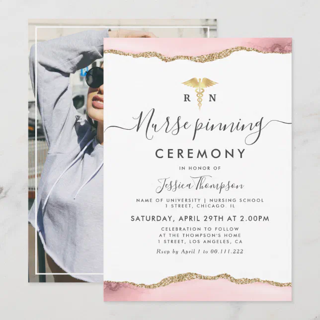 gold blush agate Nurse pinning ceremony Invitation | Zazzle