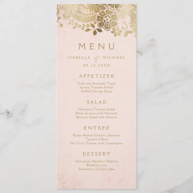 Gold blush elegant vintage lace wedding menu | Zazzle