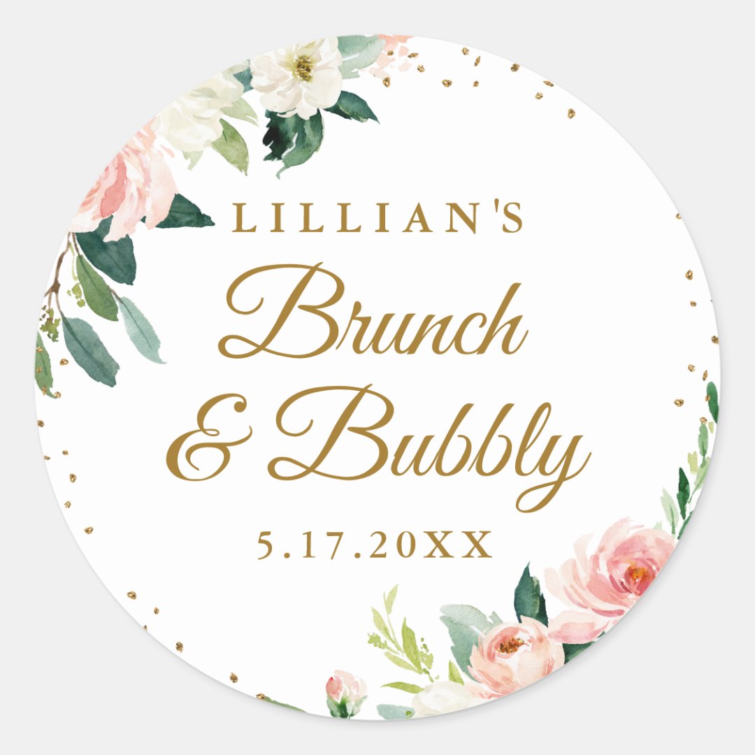 Gold Blush Floral Brunch And Bubbly Classic Round Sticker | Zazzle
