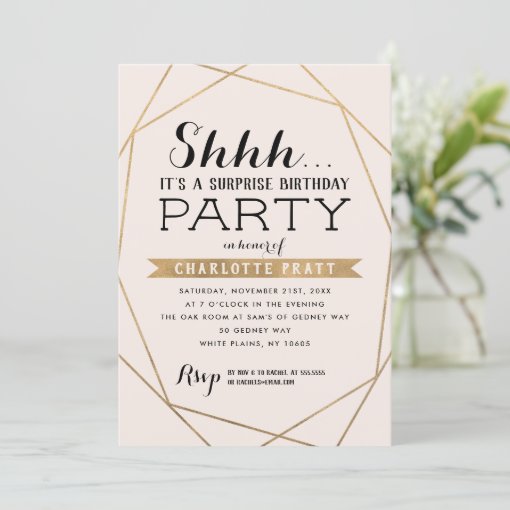 Gold Blush Geometric Shh Surprise Birthday Party Invitation | Zazzle