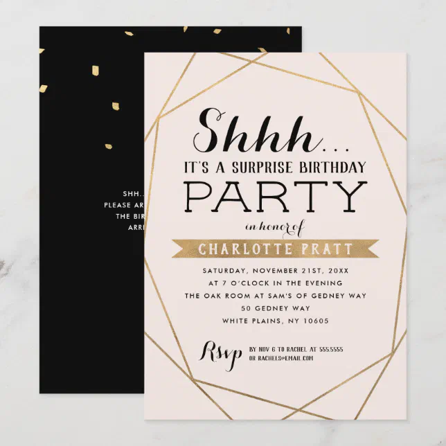 Gold Blush Geometric Shh Surprise Birthday Party Invitation | Zazzle